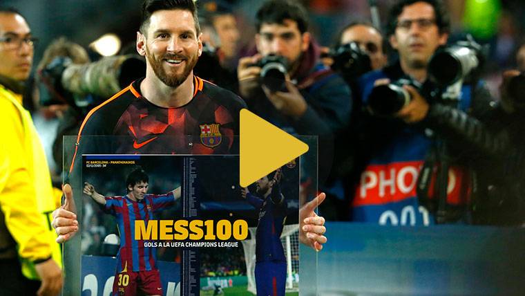 Homenaje con Carles Puyol a Leo Messi por sus 100 goles en Champions League
